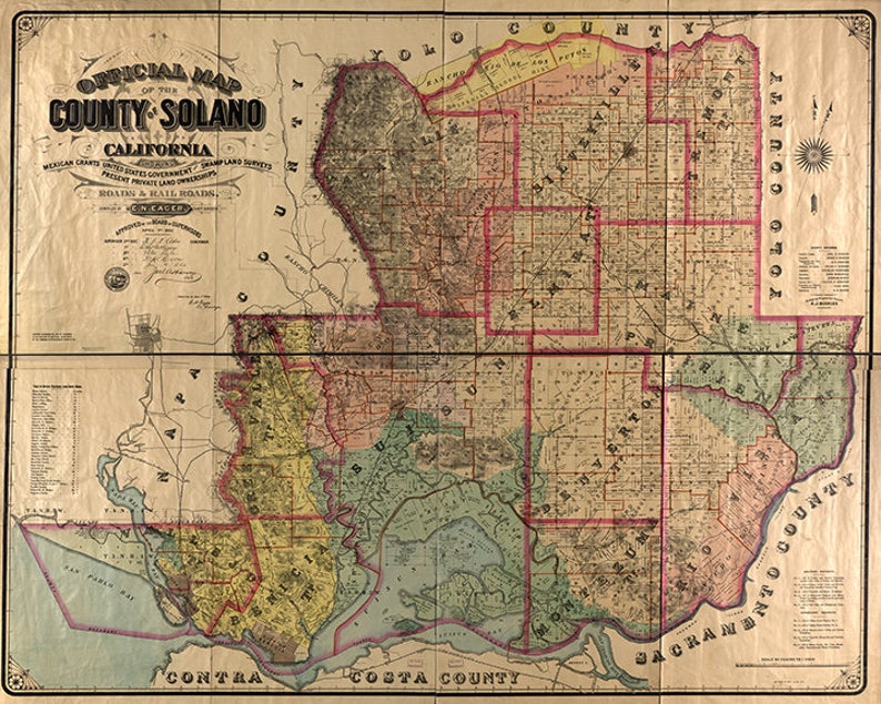 Map of Solano County, California (CA), 1890. Vintage Restoration ...