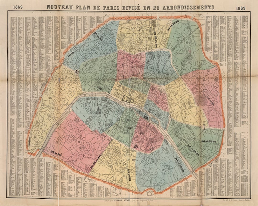Map of Paris, France, 1869. Restoration Hardware Home Deco Style Old ...