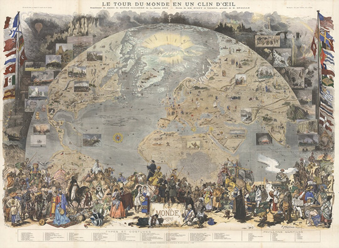 Old World Map 1876 Le Tour Du Monde. Vintage Restoration Hardware Home ...