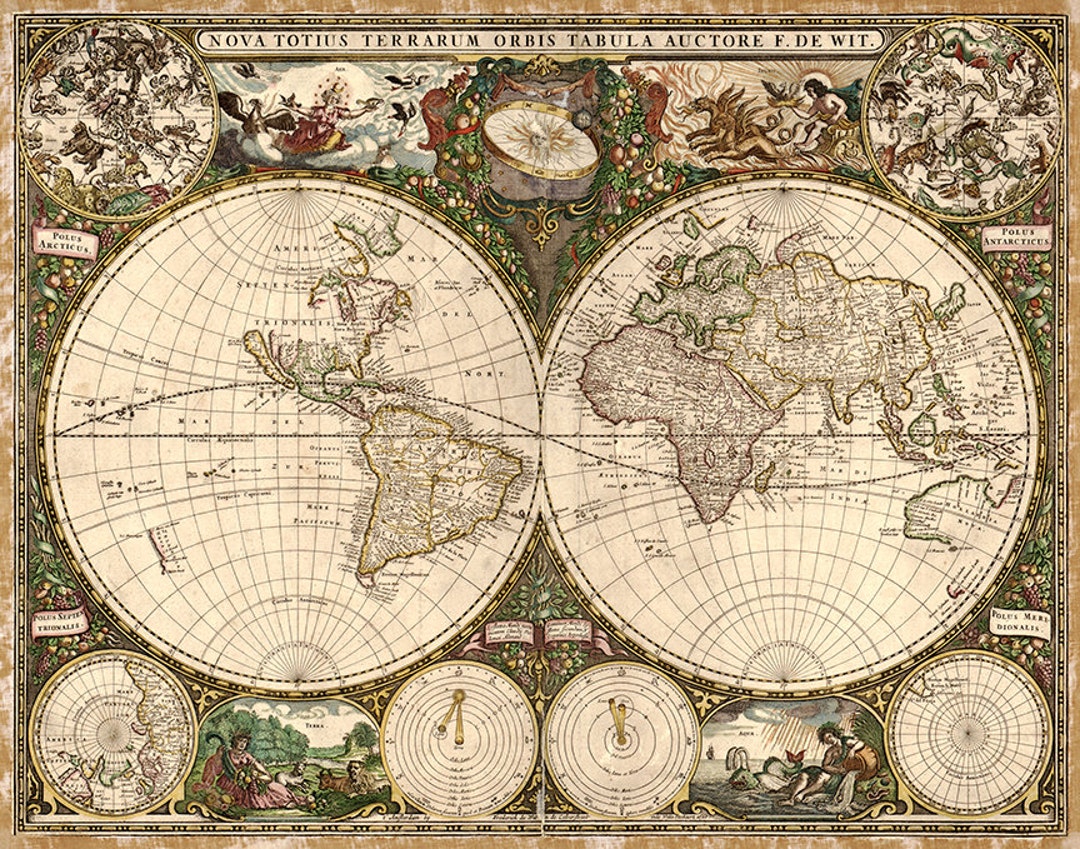 World Map of 1660. Vintage Restoration Hardware Home Deco Style Old ...