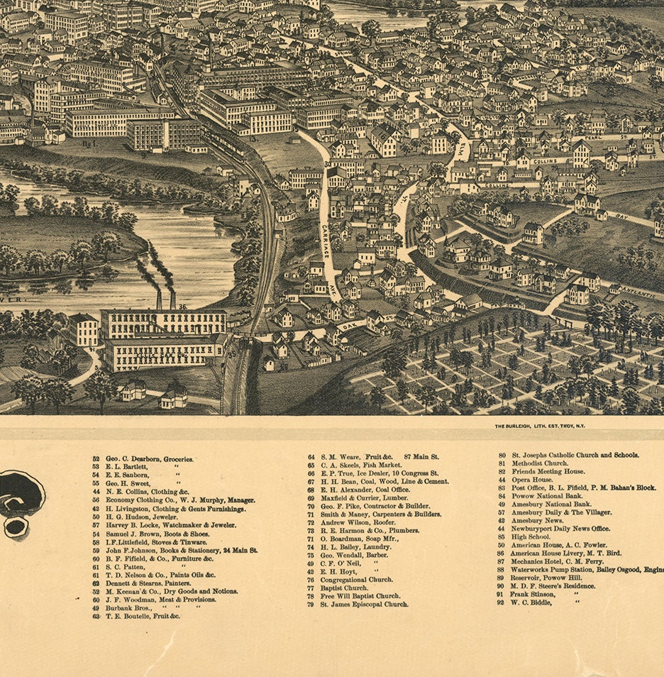 Map of Amesbury, Essex County Massachusetts 1890. Vintage Restoration ...