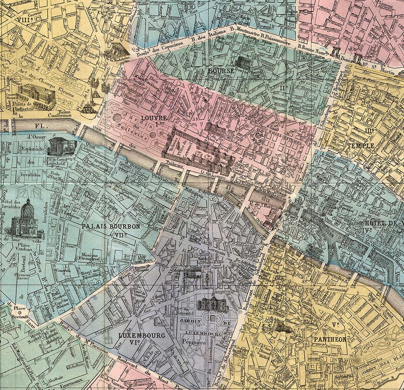 Map of Paris, France, 1864. Restoration Hardware Home Deco Style Old ...