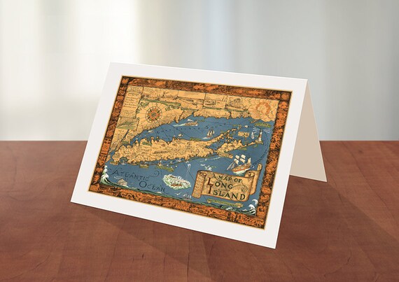 Greeting Card Map of Long Island Classic Pictorial Historic | Etsy
