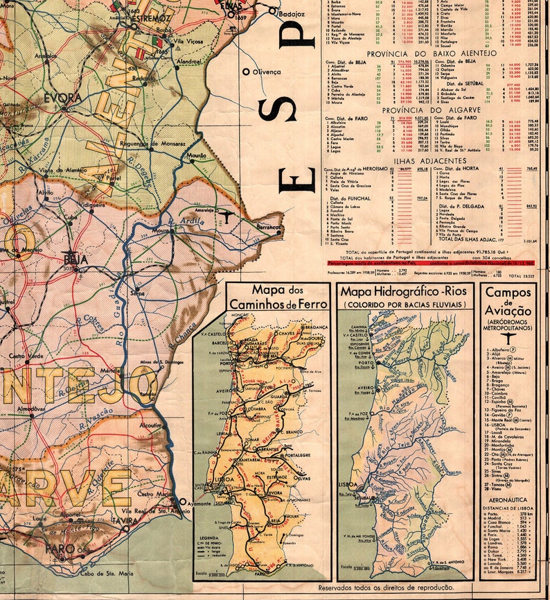 Map of Portugal, 1962. Vintage Home Deco Style Old Wall Reproduction ...