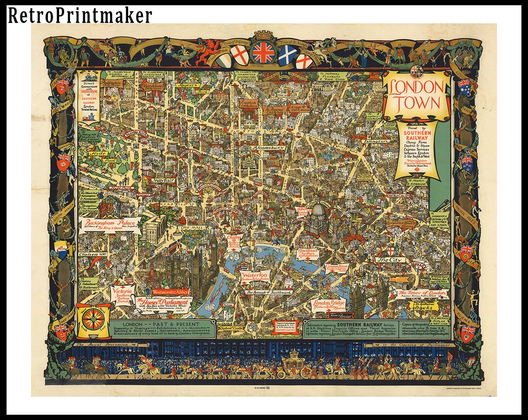 Pictorial Map of London Town 1938. Vintage Home Deco Style Old Wall ...