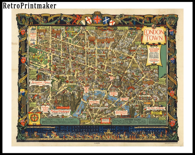 Pictorial Map of London Town 1938. Vintage Home Deco Style Old - Etsy