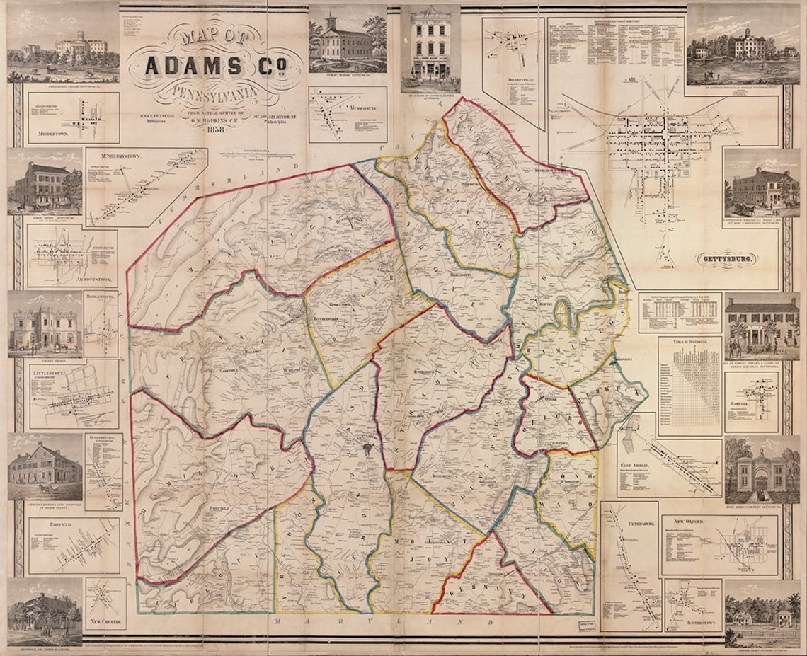 Map of Adams County, Pennsylvania, 1858. Vintage Home Deco Style Old ...