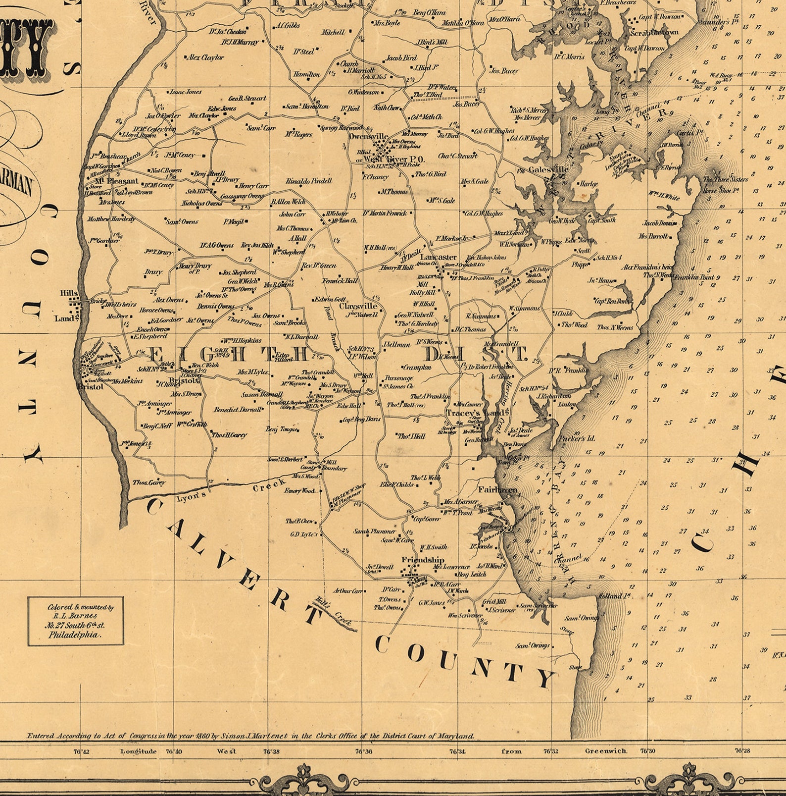 Map of Anne Arundel County, Maryland, MD., 1860. Vintage Home Deco ...