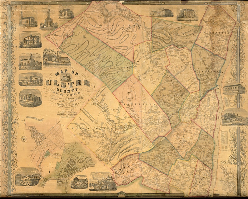 Map of Ulster County New York NY 1854. Vintage Home Style Old | Etsy