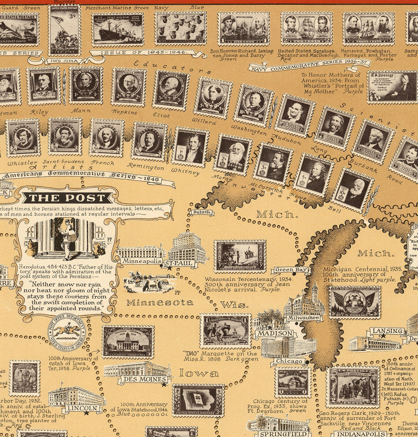 Pictorial Map of United States Stamps Poster U.S. Postage | Etsy