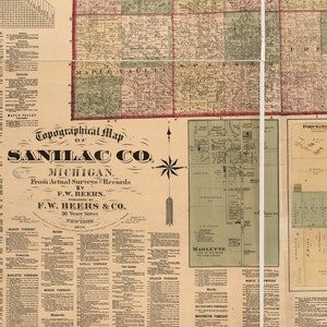 Map of Sanilac County, Michigan. 1876 Vintage Home Deco Style Old Wall ...