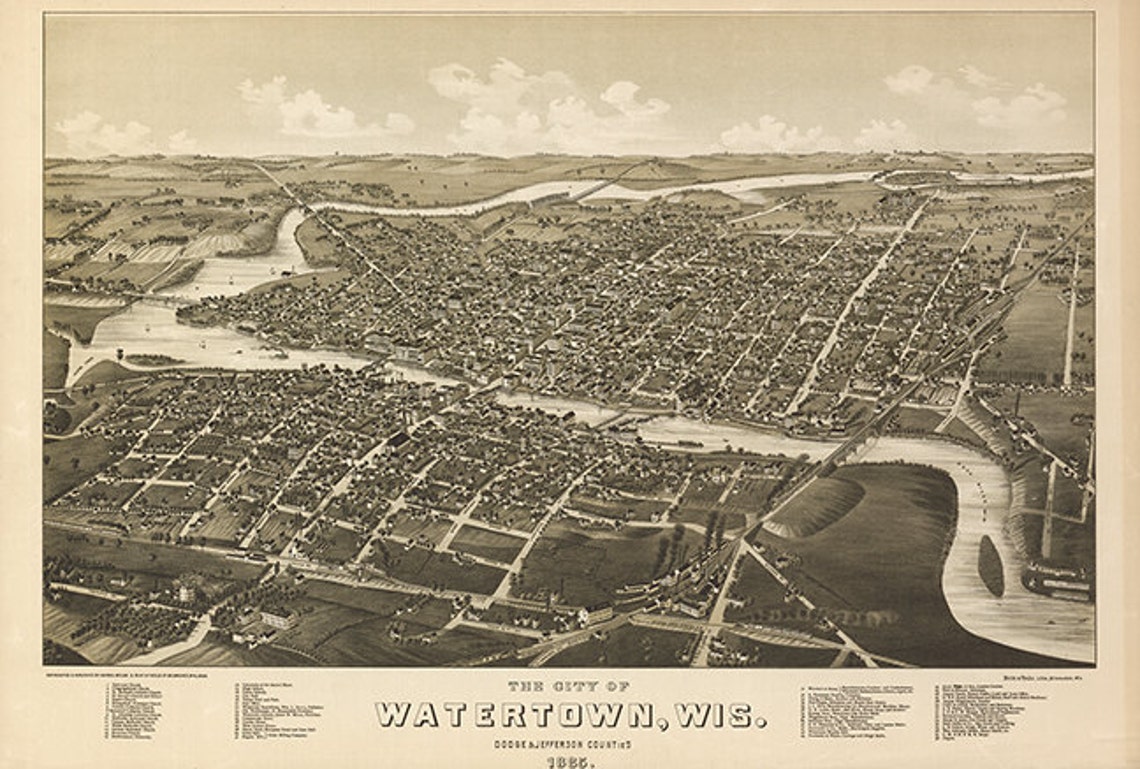 Map of Watertown, Dodge & Jefferson Co., Wisconsin 1885, WI. Vintage ...