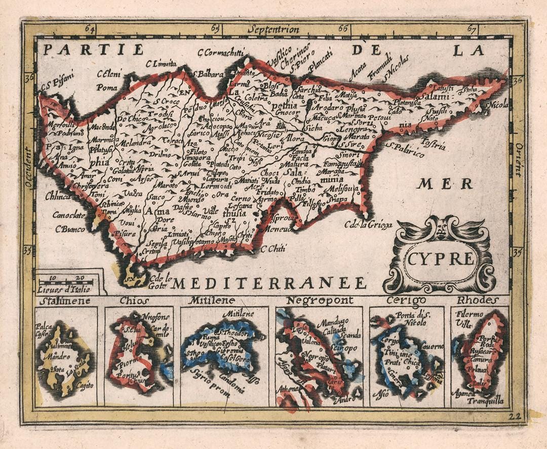 Map of Cyprus (cypre) 1659. Vintage Home Deco Style Old Wall ...