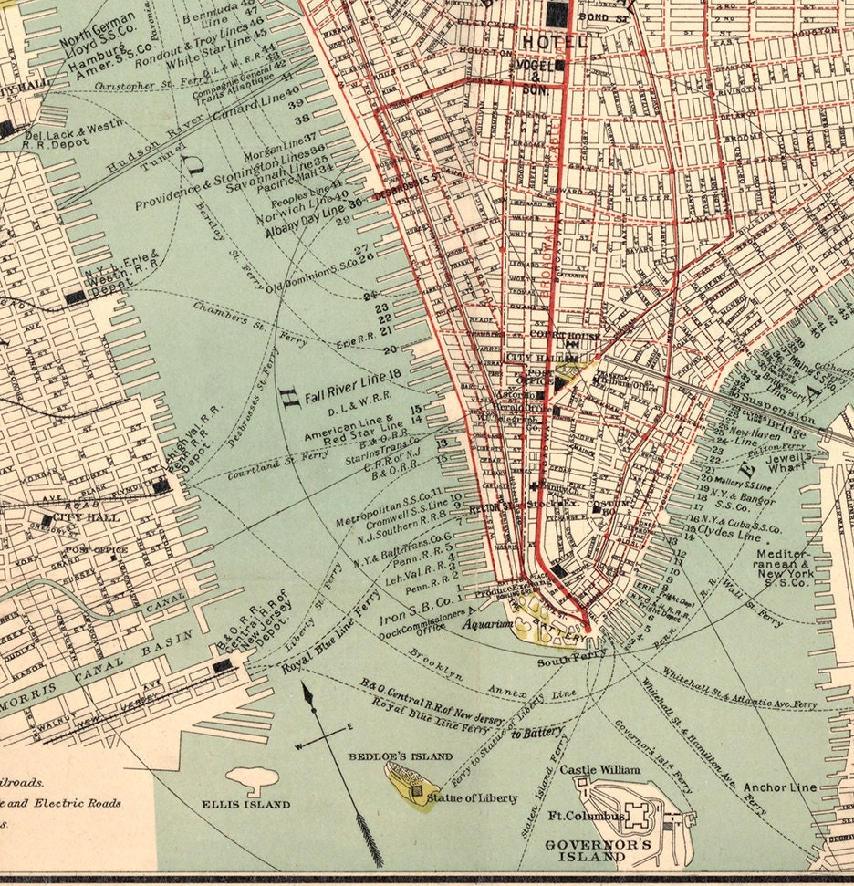Map of Manhattan, New York 1890. Vintage Restoration Hardware Home Deco ...