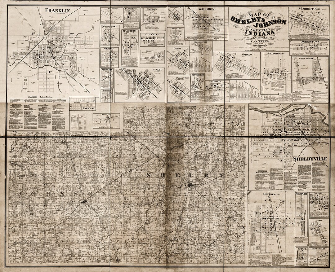 Map of Shelby & Johnson Counties, Indiana 1866 Home Old Wall Vintage ...
