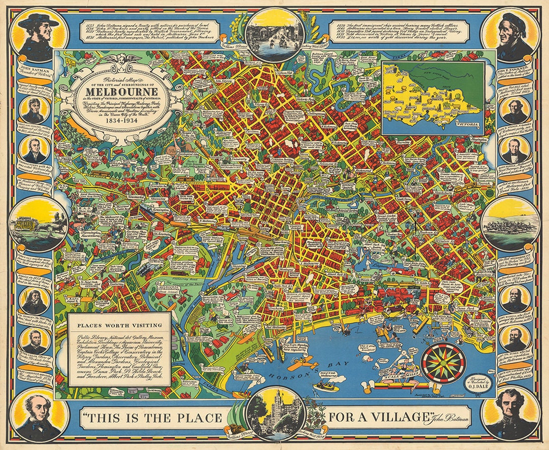 Pictorial of Melbourne, Australia. Reproduction Vintage Bird's Eye View ...