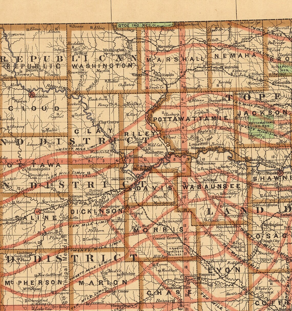 Map of Kansas State. 1876 Vintage Home Deco Style Old Wall Reproduction ...
