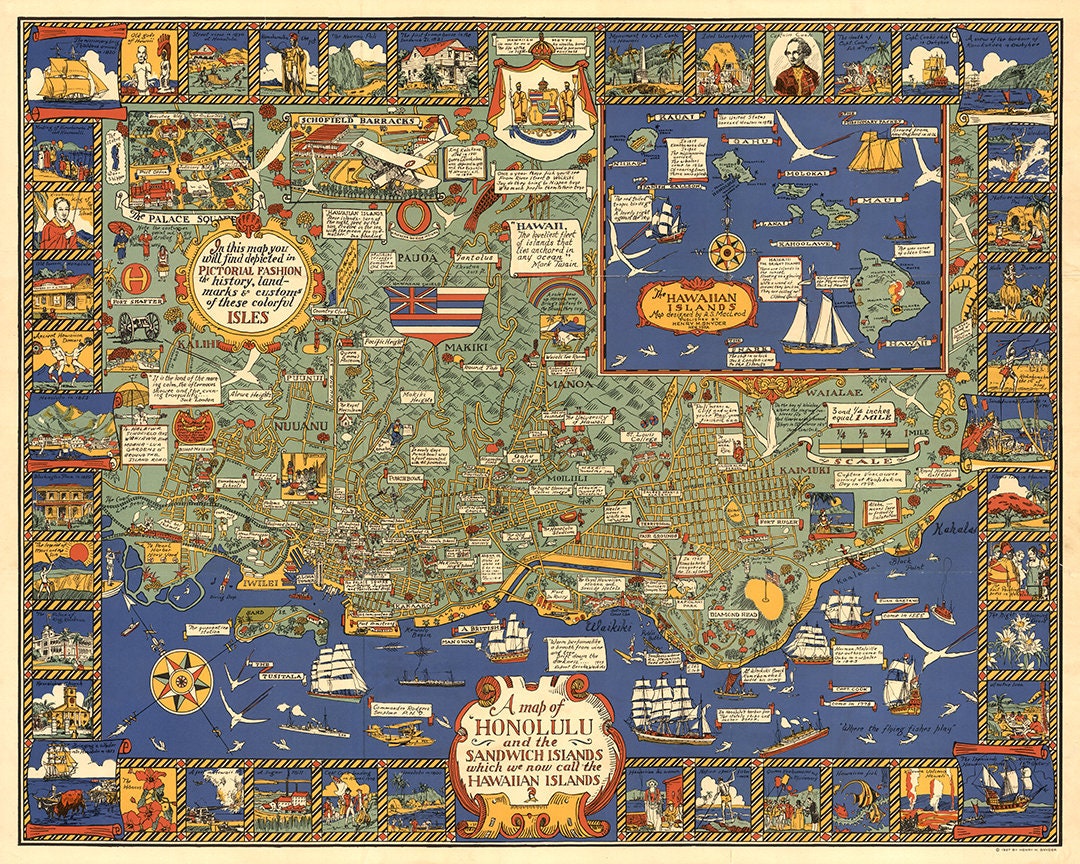 Pictorial Map of Honolulu, Hawaii. Home Deco Style Old Wall Vintage ...