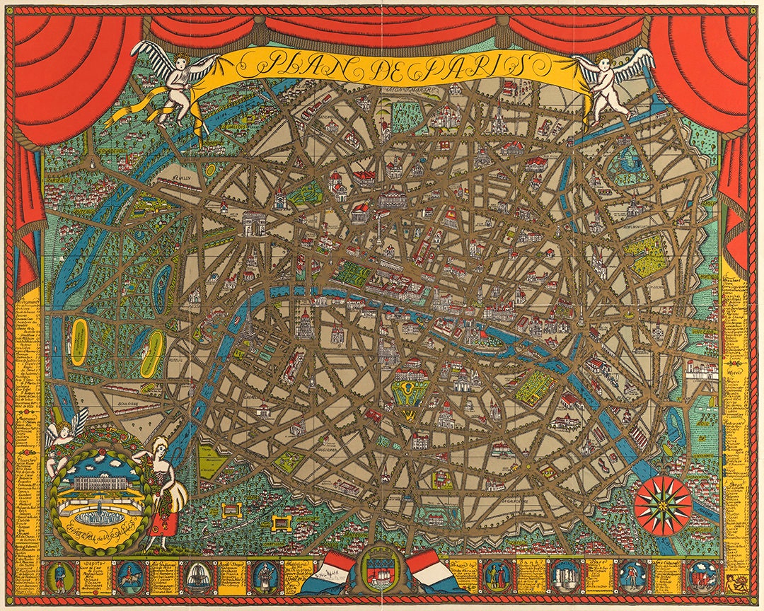 Map of Paris, France 1927. Home Deco Style Old Wall Map. Vintage ...