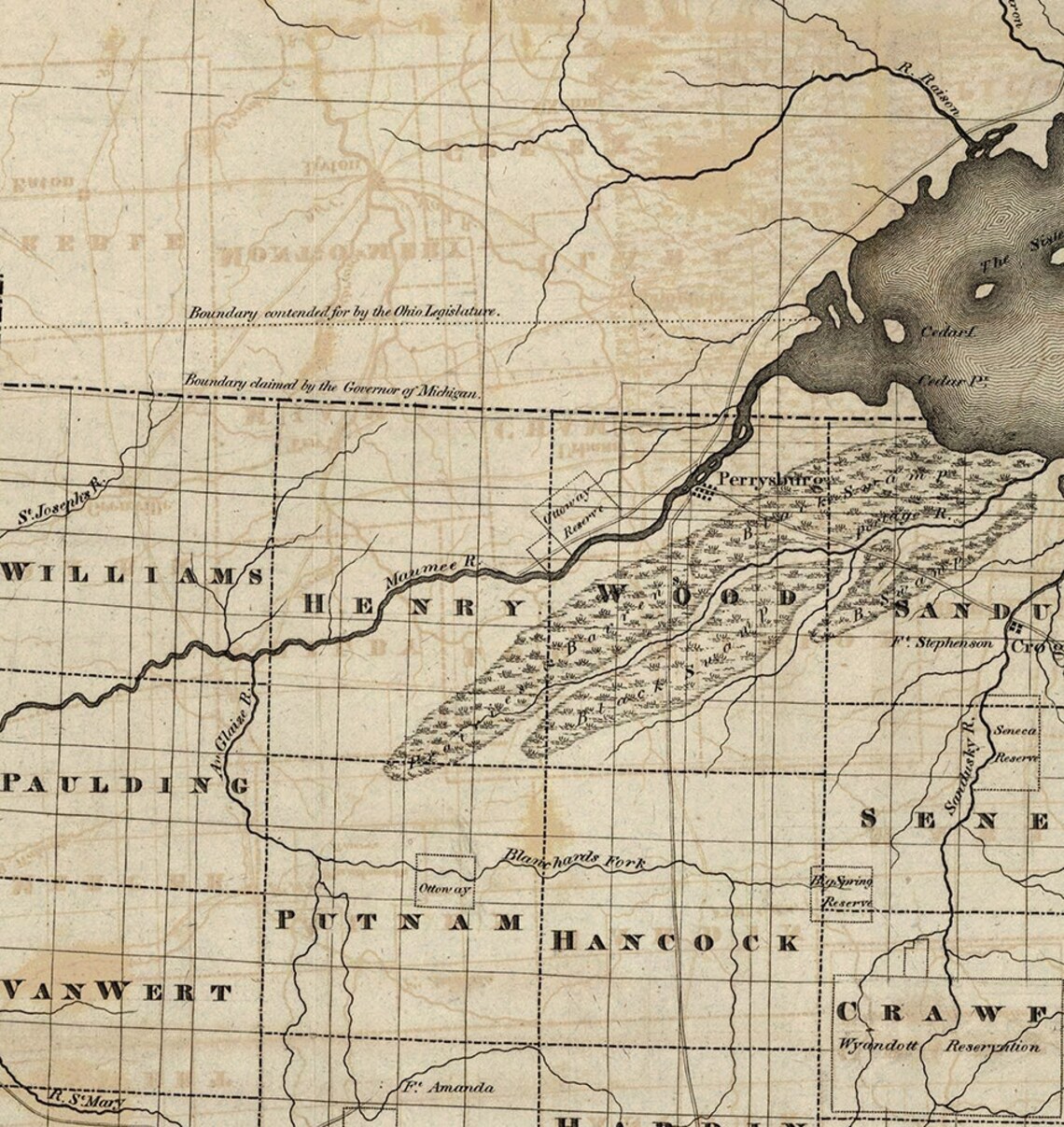 Map of Ohio OH Including County Line, 1820. Vintage Restoration ...