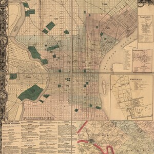 Map of Philadelphia, Pennsylvania PA, 1860. Vintage Home Deco Style Old ...