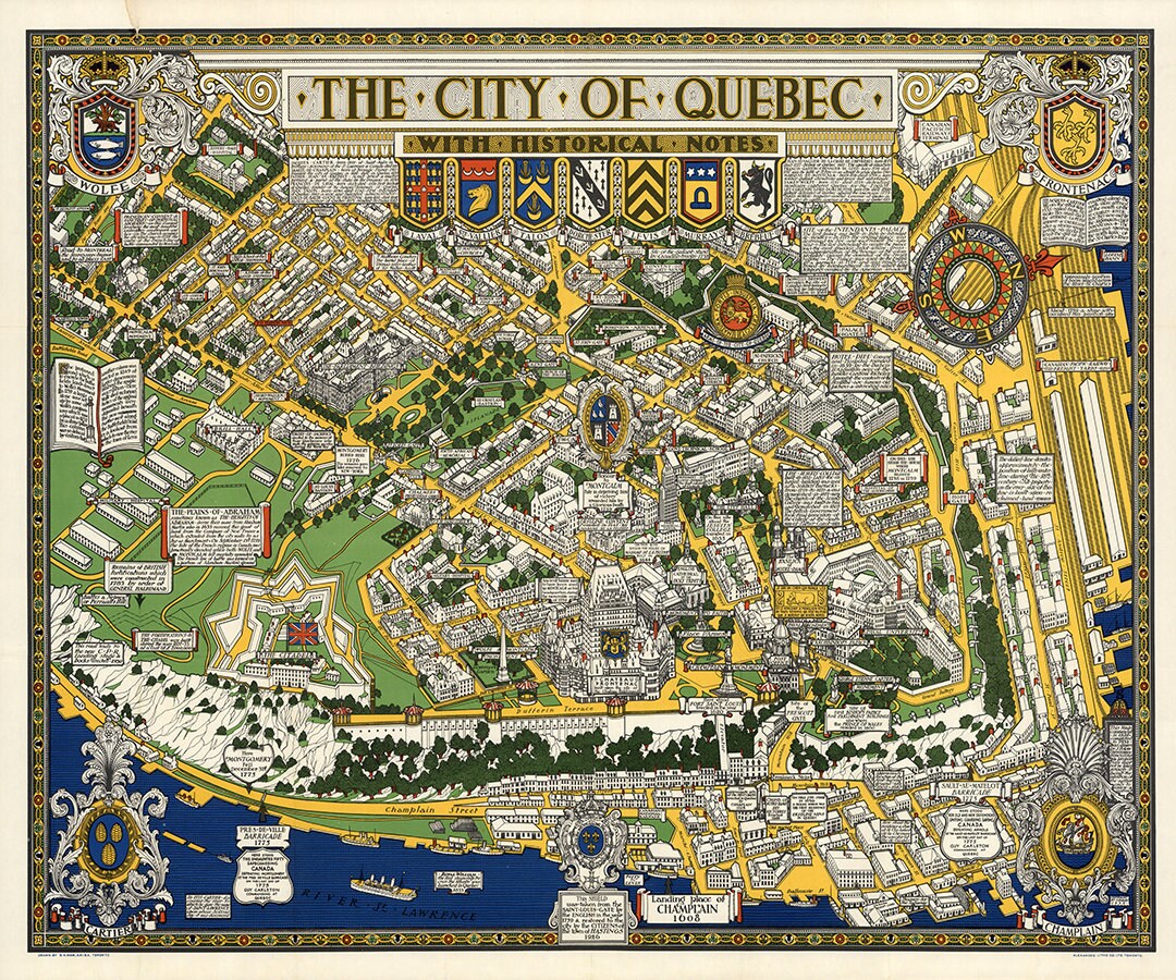 Pictorial Map of Quebec With Historical Notes. Vintage Home Deco Style ...