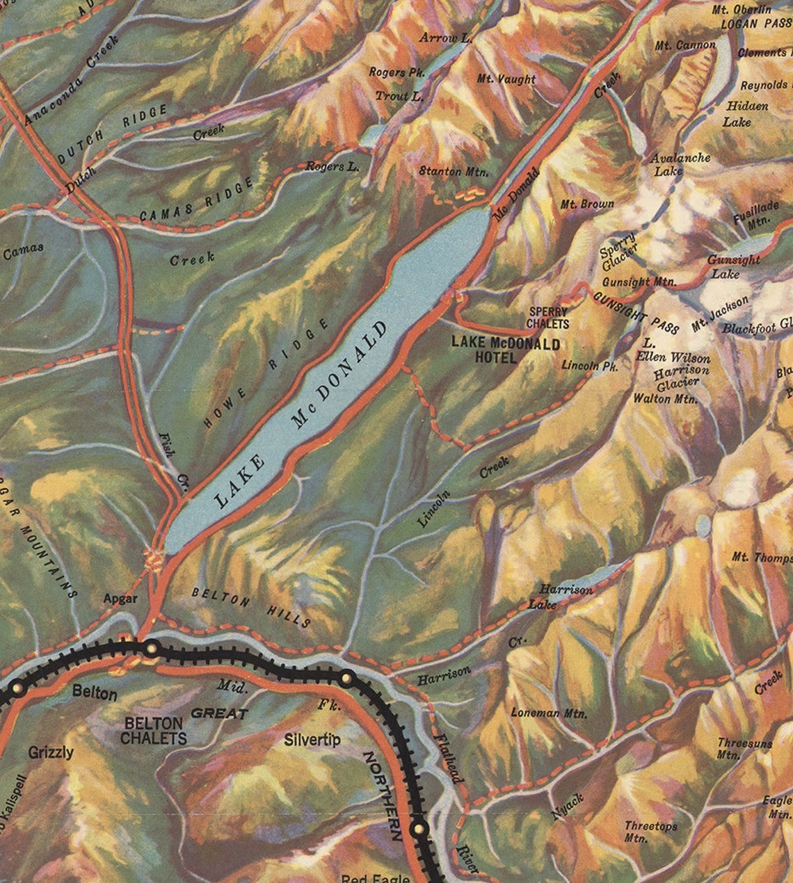 Pictorial Map of Great Northern Railway Glacier National - Etsy