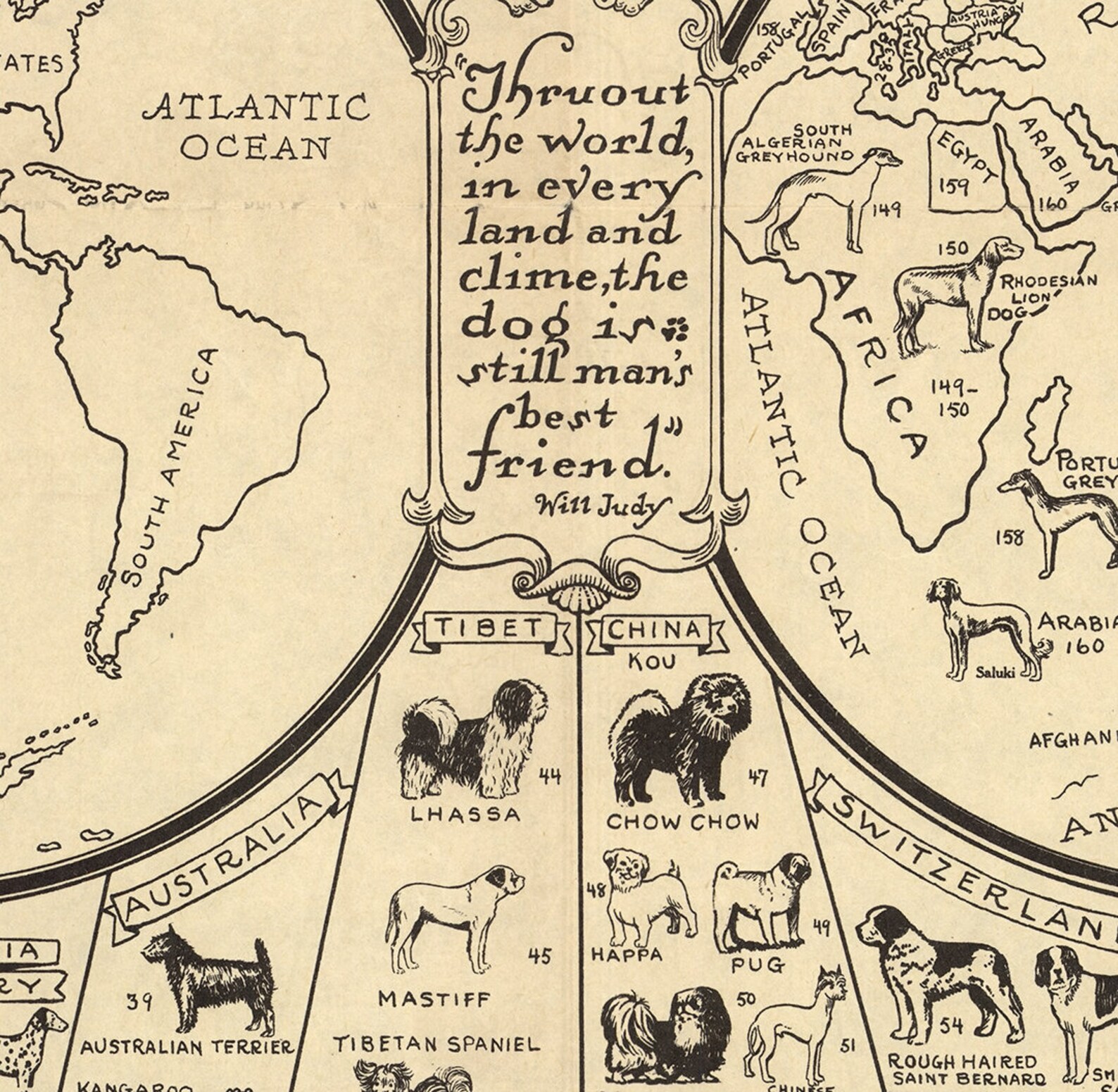 Dogs of All Nations Map. Vintage Home Style Old Wall | Etsy