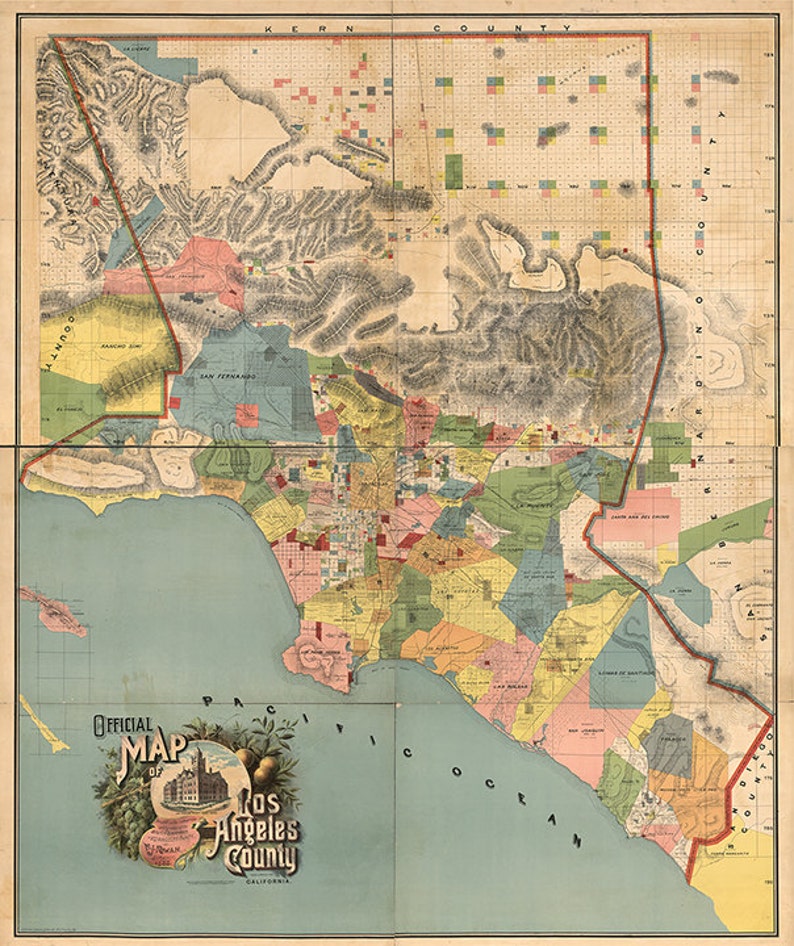 Mapa oficial del Condado de Los Angeles California CA 1888. - Etsy España
