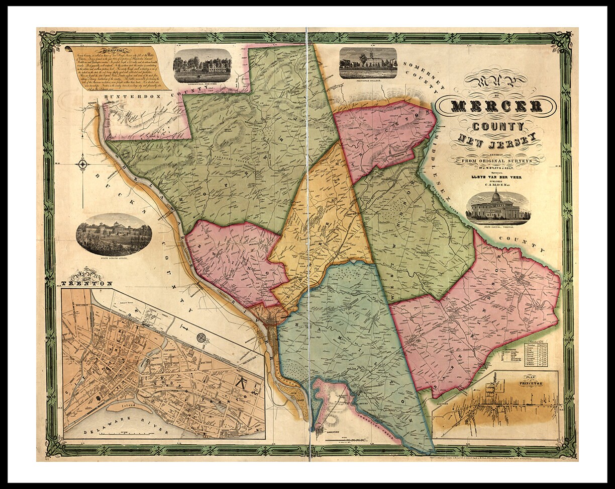 Map of Mercer County. New Jersey NJ 1849 Vintage Home - Etsy