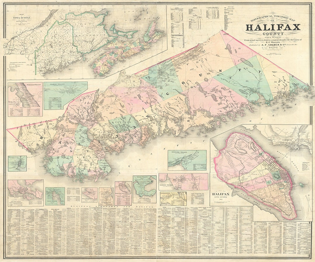 Map of Halifax County, Canada 1864. Home Deco Style Old Reproduction ...