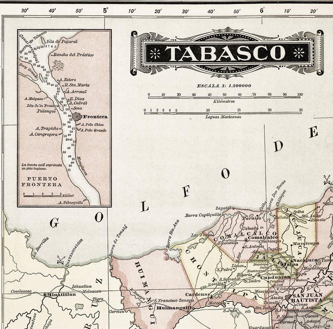 Map of Tabasco Mexico 1886. Vintage Home Deco Style Old Wall - Etsy