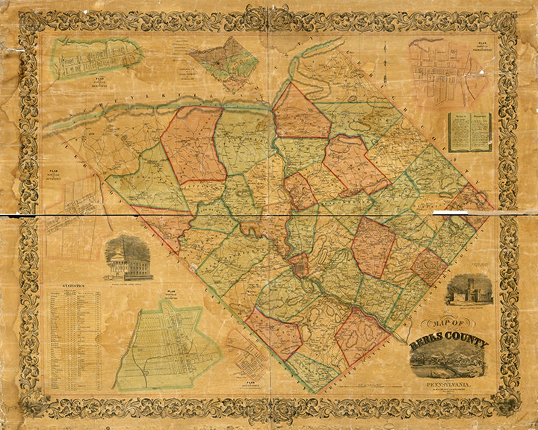 Map of Berks County, Pennsylvania, PA 1854. Reproduction Vintage ...