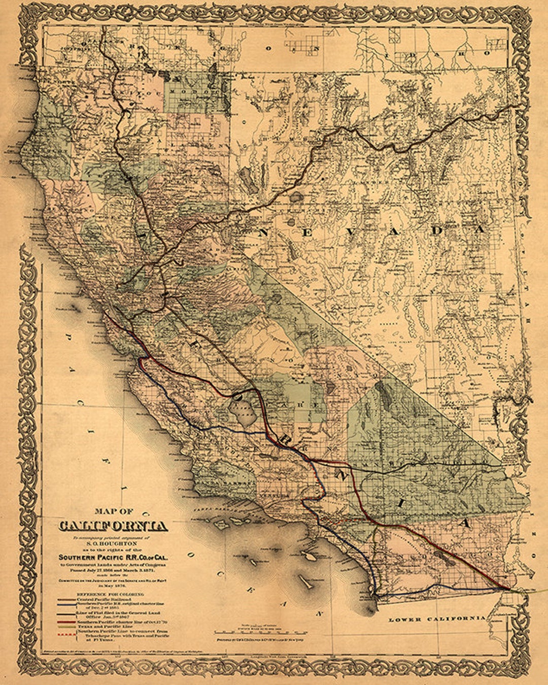 Map of California CA, 1876. Restoration Hardware Home Deco Style Old ...