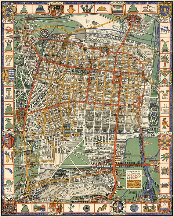 Pictorial Map of Mexico City. Vintage Restoration Hardware | Etsy