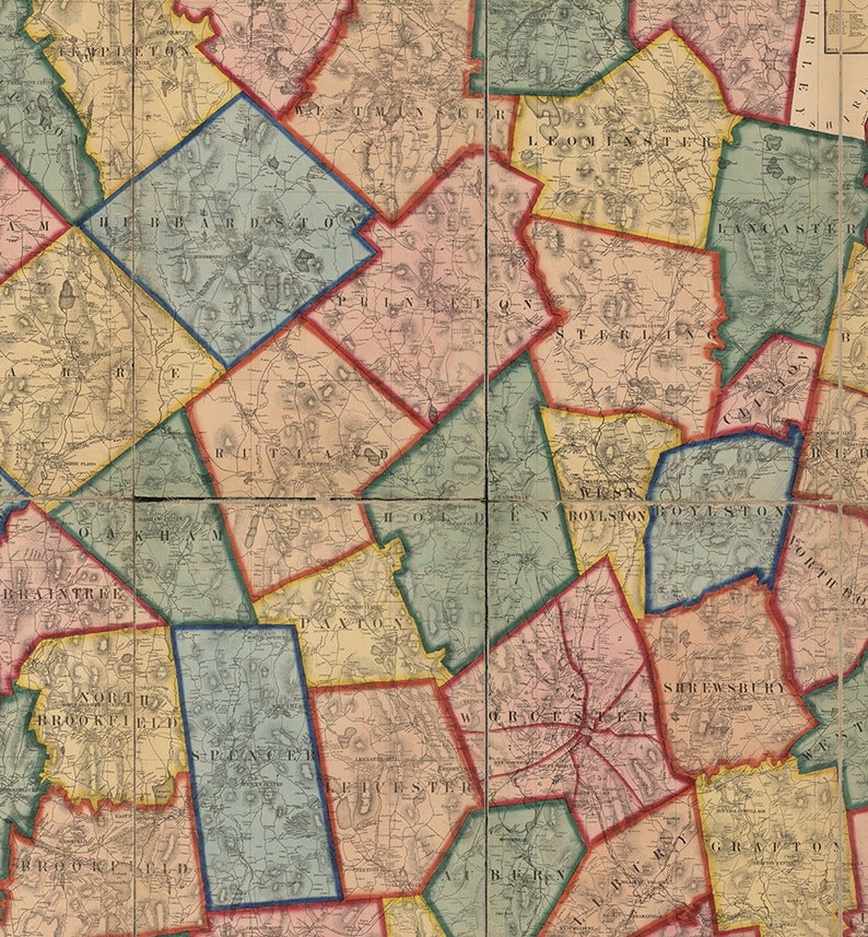 Map of Worcester County Massachusetts MA. 1857. Vintage - Etsy