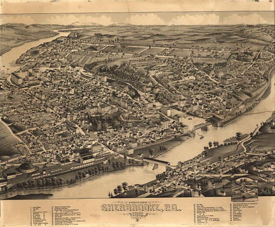 Map of Sherbrooke, Quebec, Canada in 1881. Reproduction Vintage Bird's ...