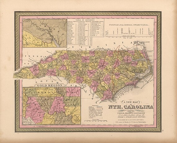 Map of North Carolina NC 1853. Shows Canals Roads & | Etsy