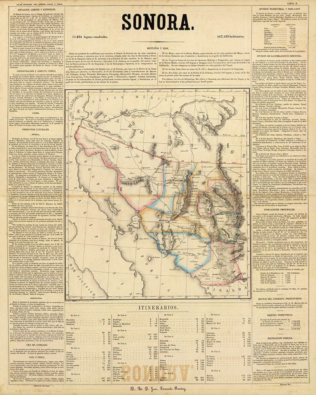 Map of Sonora, Mexico, 1858. Vintage Restoration Hardware Home Deco ...