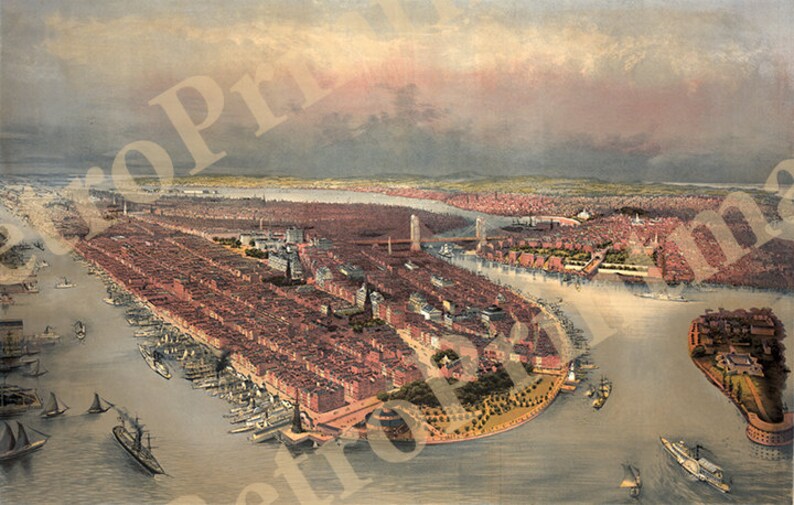 Map of of New York Showing the Waterfront Brooklyn Bridge. - Etsy