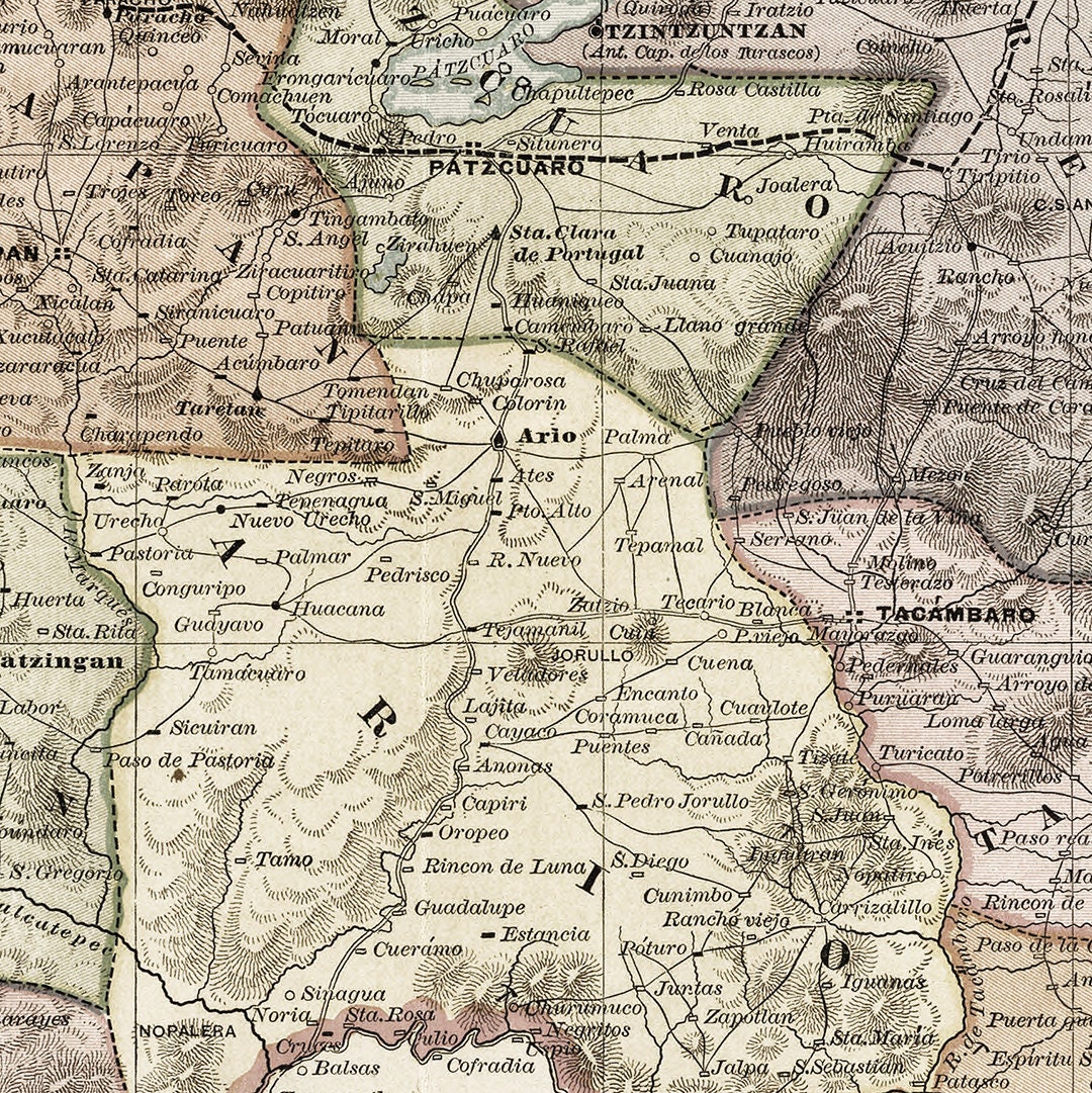 Map of Michoacan, Mexico, 1886. Vintage Home Deco Style Old Wall ...