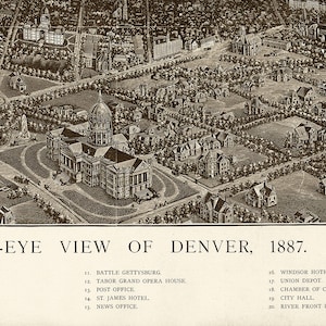 Bird's-eye View of Denver, Colorado (CO) 1887. Vintage Restoration ...