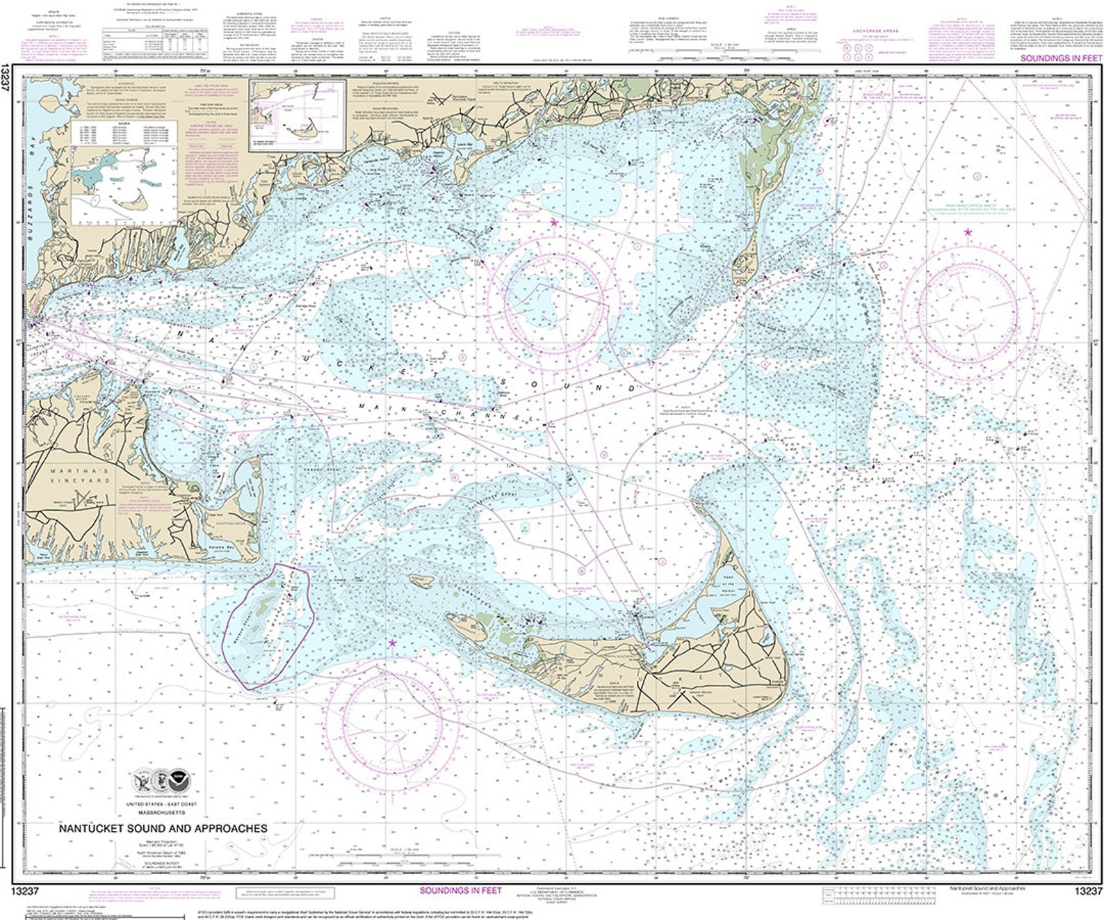 Nautical charts of Nantucket Sound and Approaches 13237. | Etsy