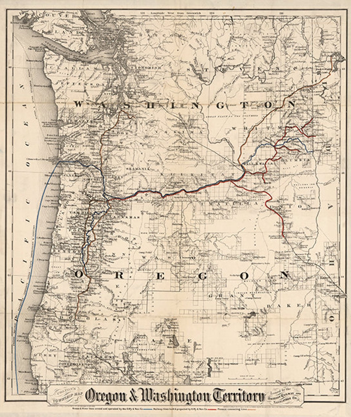 Map of Oregon & Washington State 1880. Vintage restoration | Etsy