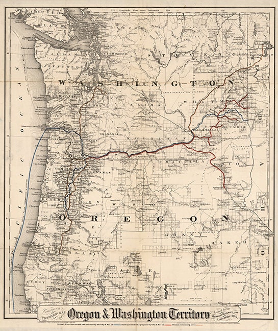 Map of Oregon & Washington State, 1880. Vintage Restoration Hardware ...