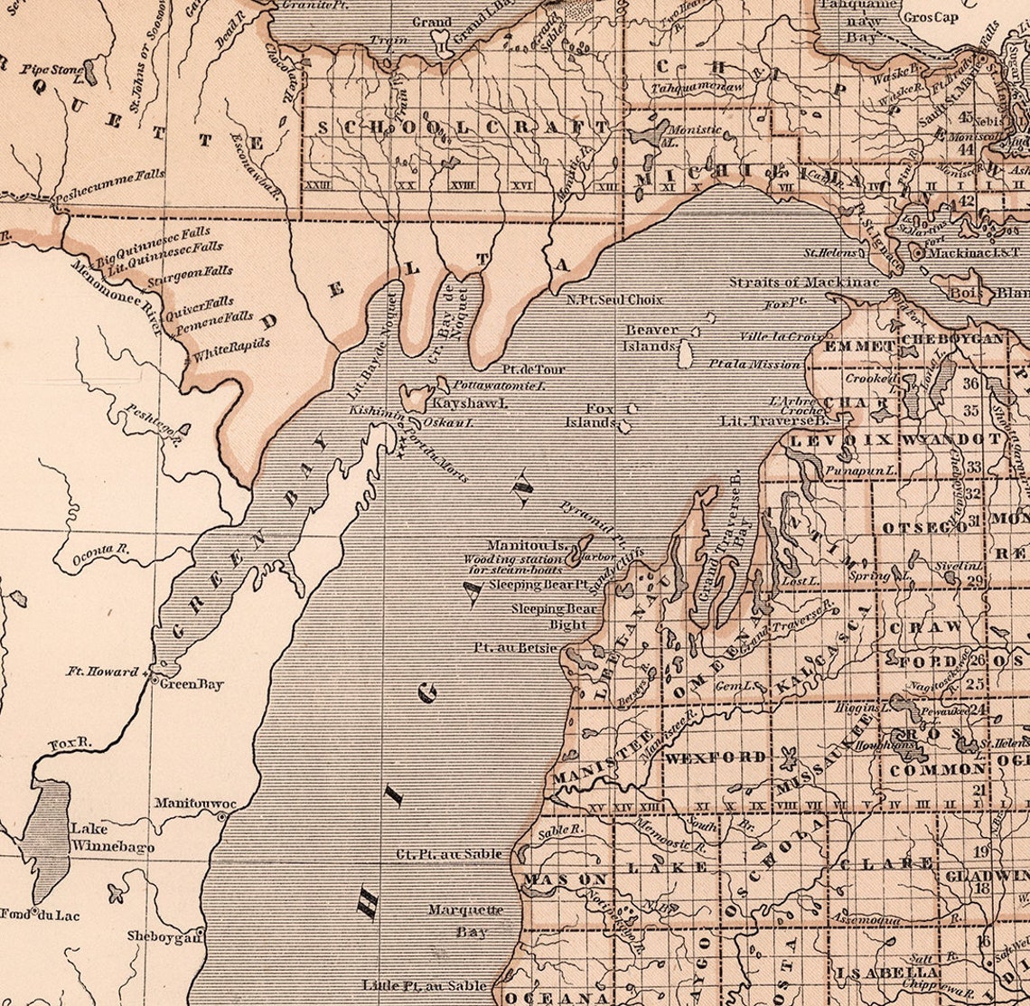 Map Of Michigan. 1845. Vintage restoration hardware home Deco | Etsy