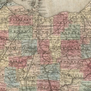Map of Ohio OH Including County Line, 1851. Vintage Home Deco Style Old ...