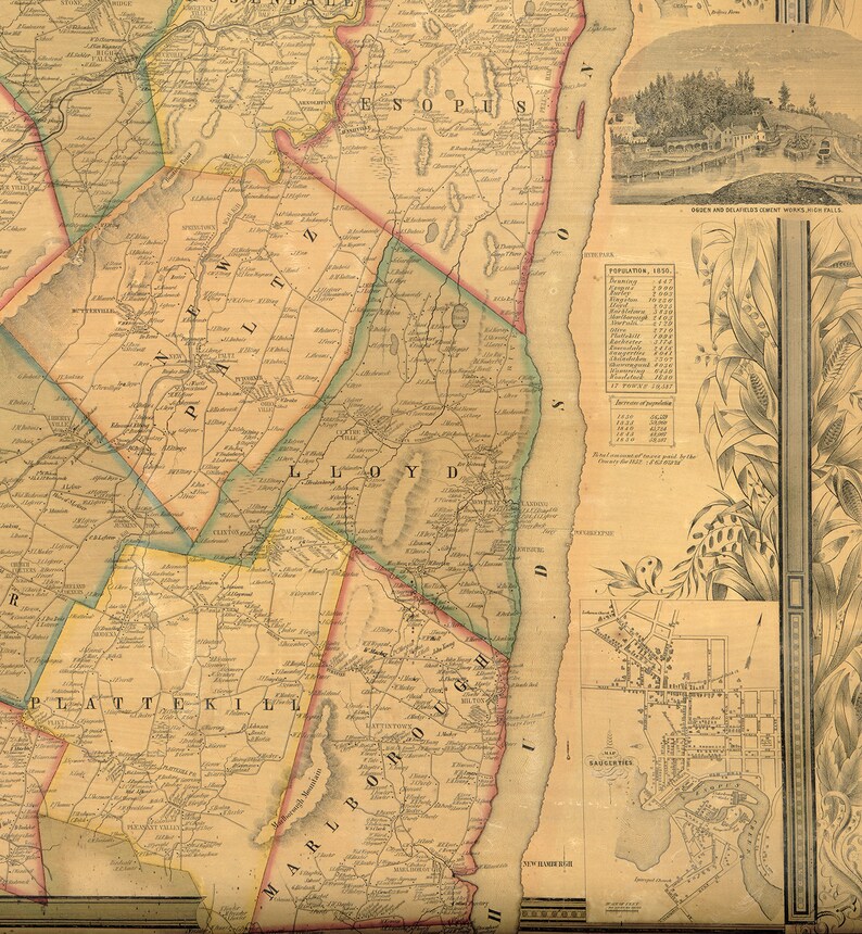 Ulster County New York Map 1854 – Vintage Historic Wall Art Print ...