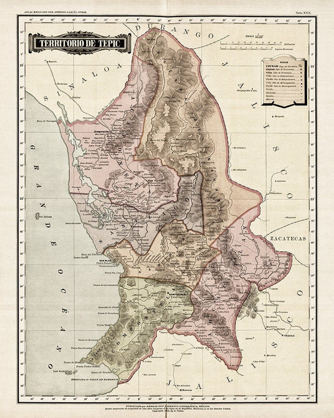 Map of Tepic, Mexico, 1886. Vintage Restoration Hardware Home Deco ...