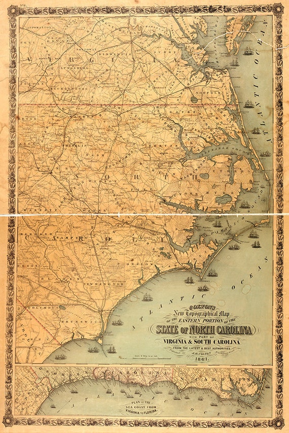 Map of Eastern North Carolina With Part of Virginia and South | Etsy